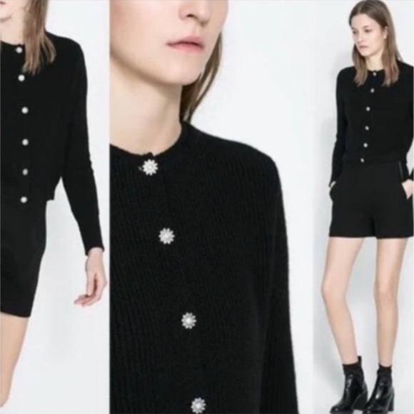 Zara | Sweaters | Zara Rhinestone Jewel Button Up Black Knit Cardigan ...